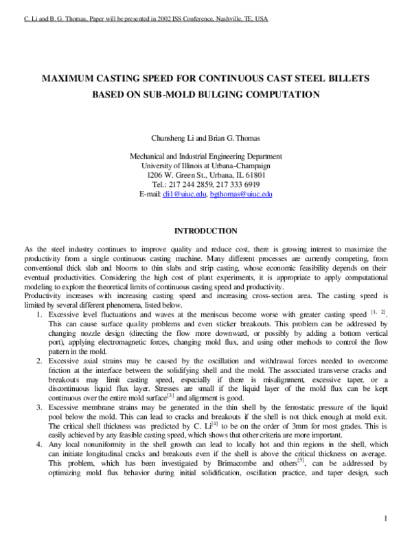 (PDF) Optimizing Casting Speed for Steel Billets