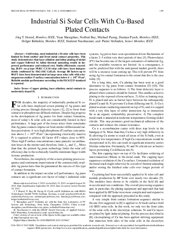(PDF) Industrial Si Solar Cells With Cu-Based Plated Contacts