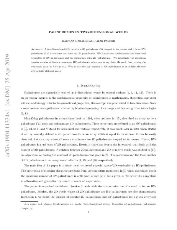 (PDF) Palindromes in two-dimensional Words