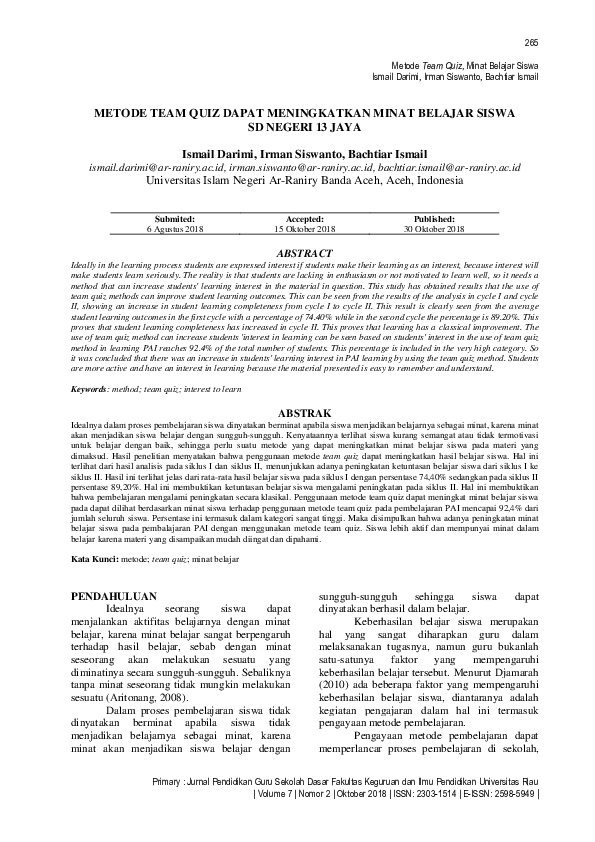 (PDF) Metode Team Quiz Dapat Meningkatkan Minat Belajar Siswa SD Negeri ...