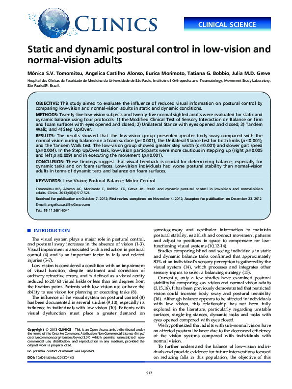 Pdf Static And Dynamic Postural Control In Low Vision And Normal