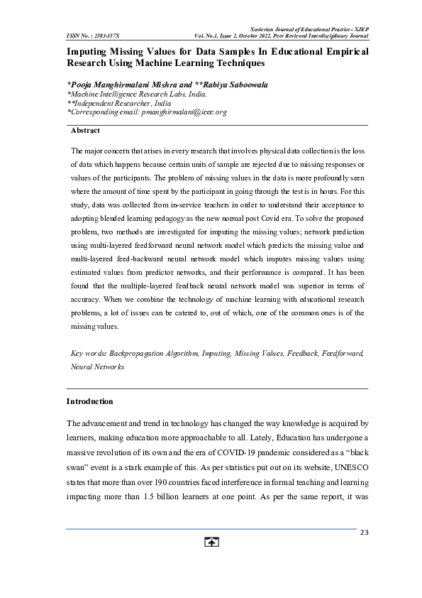 Pdf Imputing Missing Values For Data Samples In Educational Empirical Research Using Machine