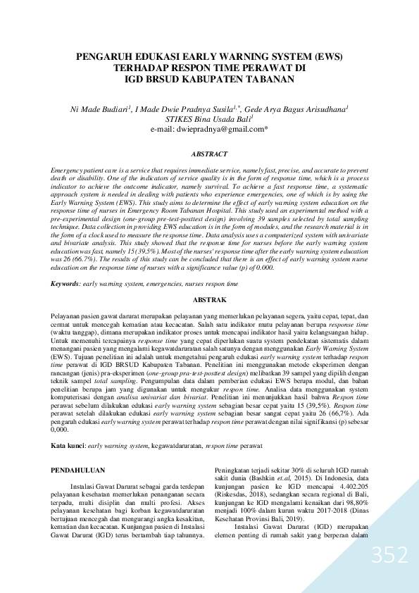 (PDF) Pengaruh Edukasi Early Warning System (Ews) Terhadap Respon Time Perawat DI Igd Brsud ...