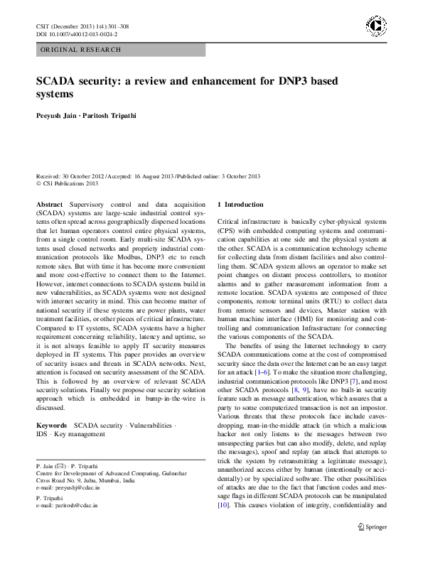 (PDF) SCADA security: a review and enhancement for DNP3 based systems