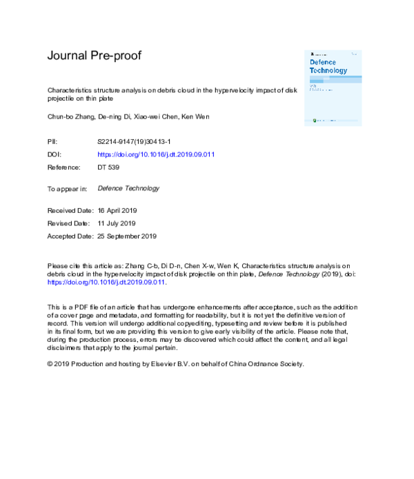 Pdf Characteristics Structure Analysis On Debris Cloud In The Hypervelocity Impact Of Disk