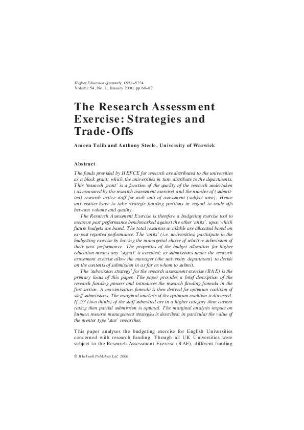 (PDF) The Research Assessment Exercise: Strategies and Trade-Offs ...
