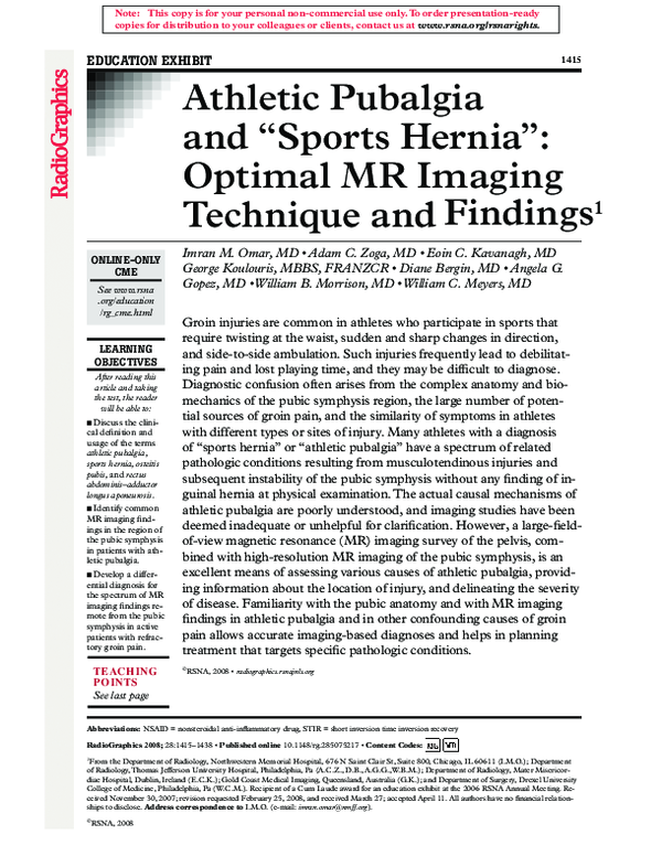 (PDF) Athletic Pubalgia and “Sports Hernia”: Optimal MR Imaging ...