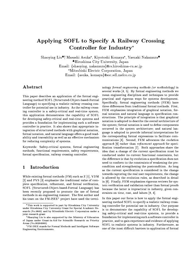 (PDF) Applying SOFL to specify a railway crossing controller for industry