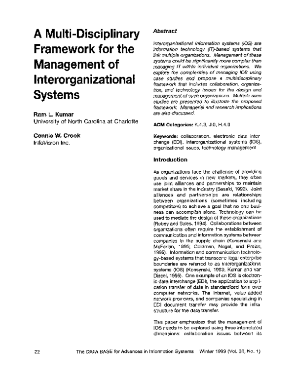 (PDF) A multi-disciplinary framework for the management of interorganizational systems