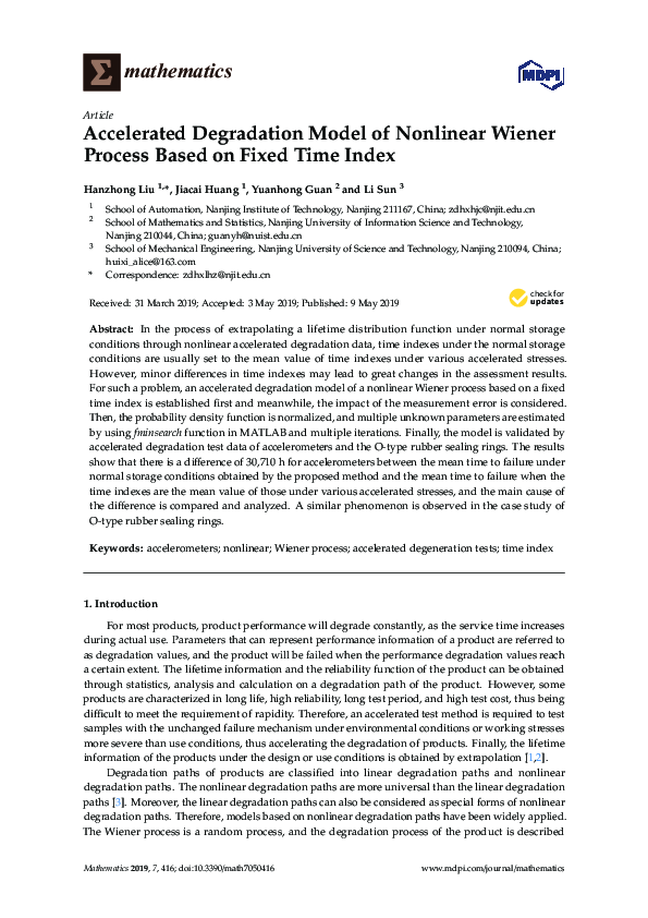 Pdf Accelerated Degradation Model Of Nonlinear Wiener Process Based On Fixed Time Index