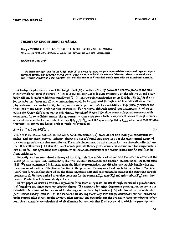 (PDF) Theory of knight shift in metals