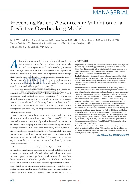 (PDF) Preventing patient absenteeism: validation of a predictive overbooking model