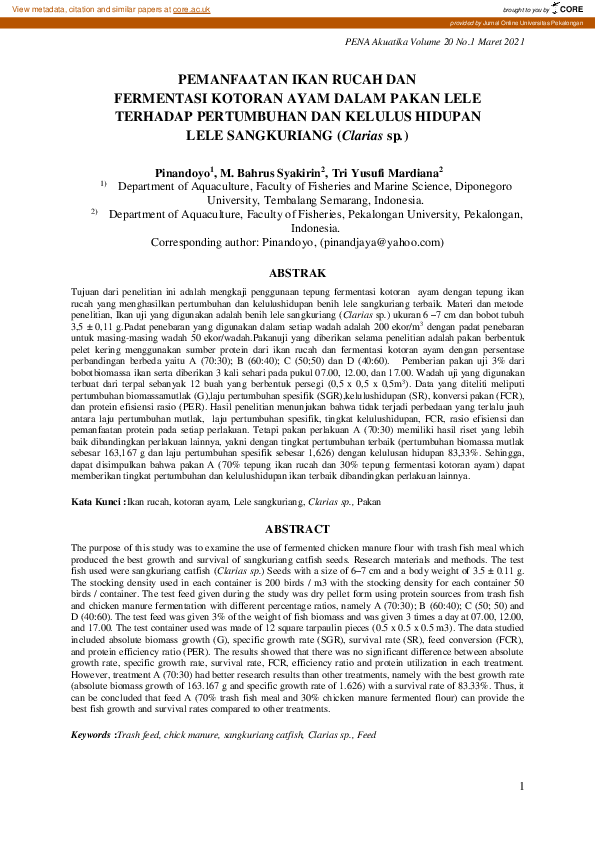 (PDF) PEMANFAATAN IKAN RUCAH DAN FERMENTASI KOTORAN AYAM DALAM PAKAN LELE TERHADAP PERTUMBUHAN ...