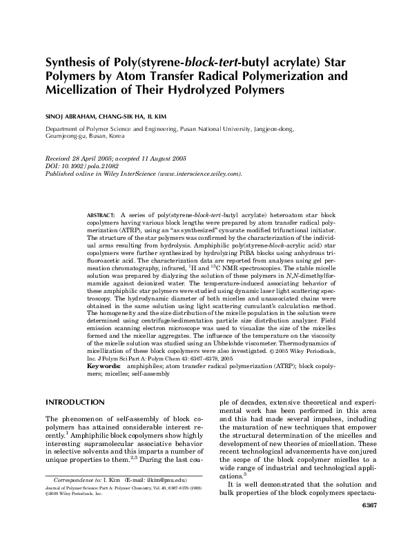 (PDF) Synthesis of poly(styrene-block-tert-butyl acrylate) star polymers by atom transfer ...