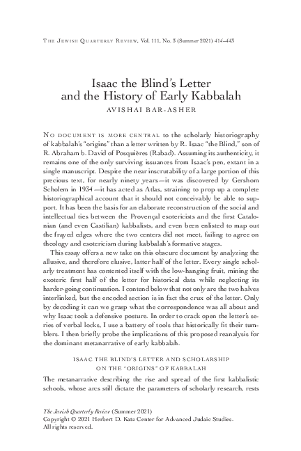 (PDF) 'Isaac the Blind's Letter and the History of Early Kabbalah ...