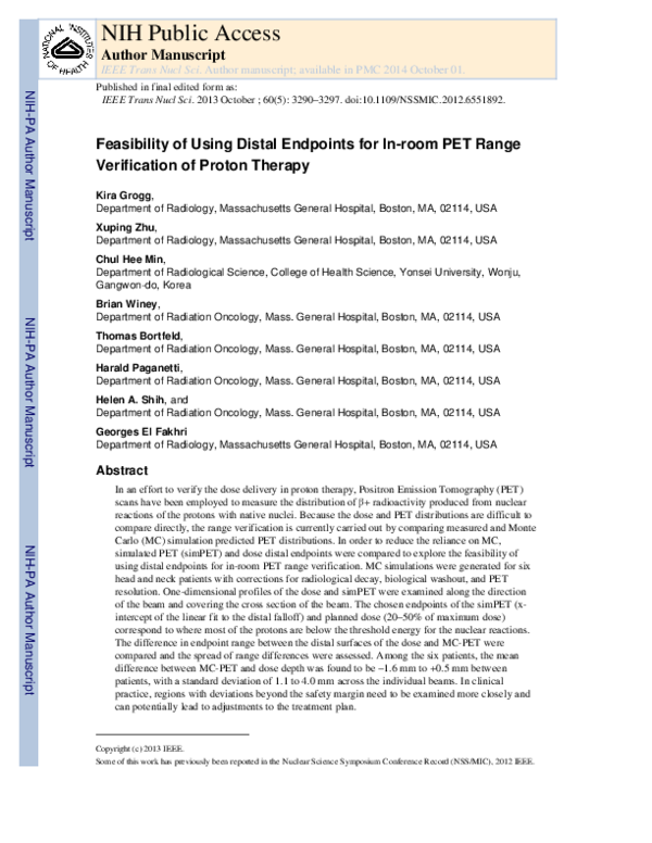 (PDF) Feasibility of Using Distal Endpoints for In-Room PET Range Verification of Proton Therapy ...