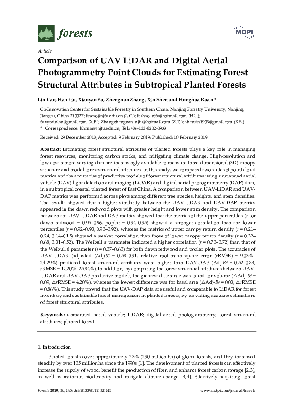 (PDF) Comparison of UAV LiDAR and Digital Aerial Photogrammetry Point Clouds for Estimating ...