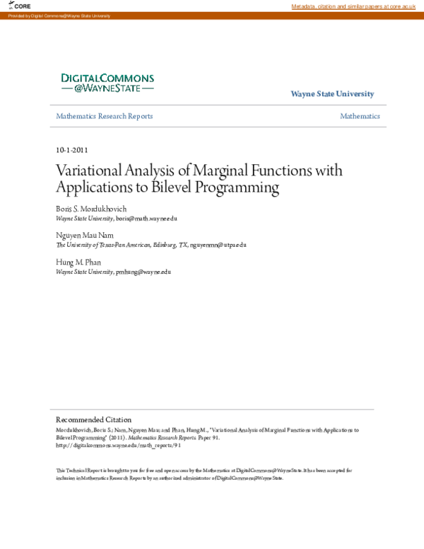 (PDF) Variational Analysis of Marginal Functions with Applications to Bilevel Programming