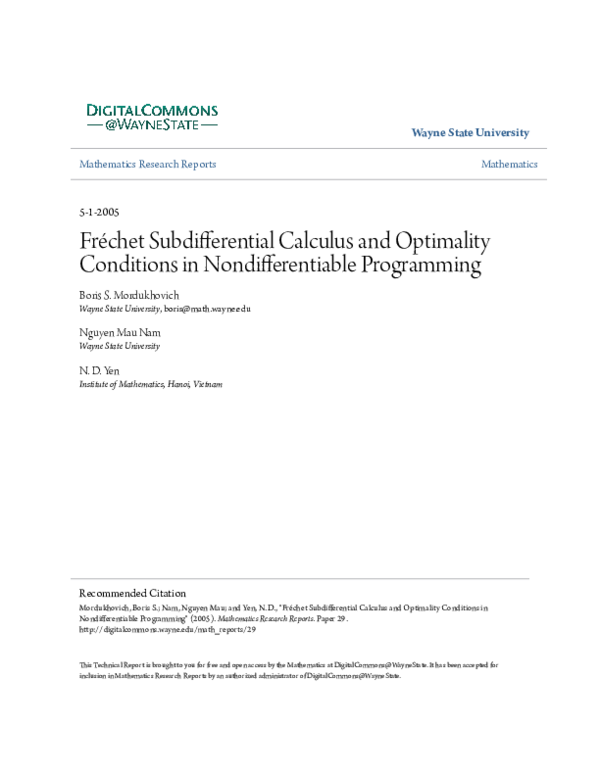 (PDF) Fréchet subdifferential calculus and optimality conditions in nondifferentiable programming