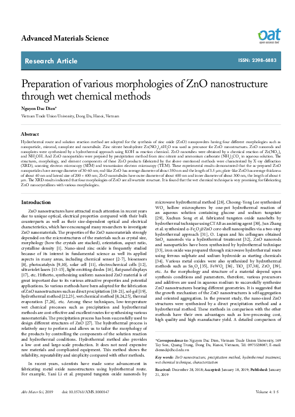 (PDF) Preparation of various morphologies of ZnO nanostructure through wet chemical methods