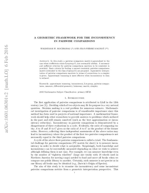 (PDF) A Geometric Framework for the Inconsistency in Pairwise Comparisons | Waldemar W ...