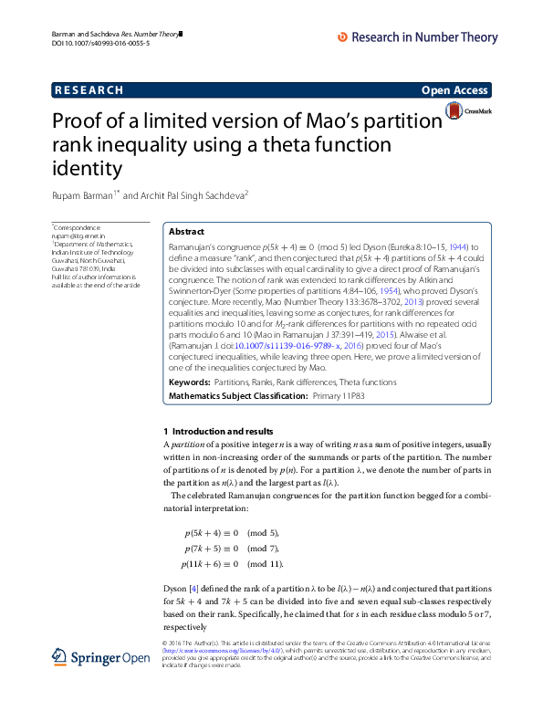 Pdf Proof Of A Limited Version Of Maos Partition Rank Inequality Using A Theta Function