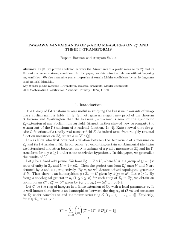 (PDF) Iwasawa λ-invariants of p-adic measures on and their Γ-transforms