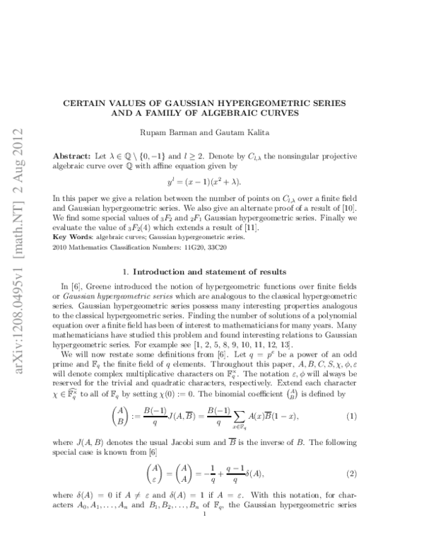 (PDF) Certain Values of Gaussian Hypergeometric Series and a Family of ...