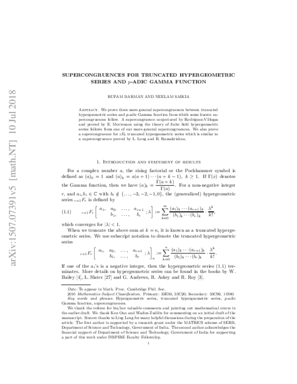 (PDF) Supercongruences for truncated hypergeometric series and p-adic gamma function