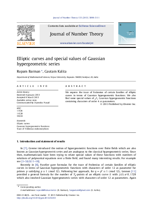 (PDF) Elliptic curves and special values of Gaussian hypergeometric series