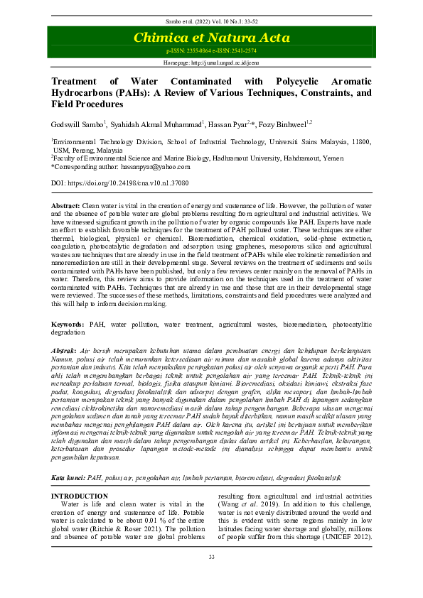 (PDF) Treatment of Water Contaminated with Polycyclic Aromatic Hydrocarbons (PAHs): A Review of ...
