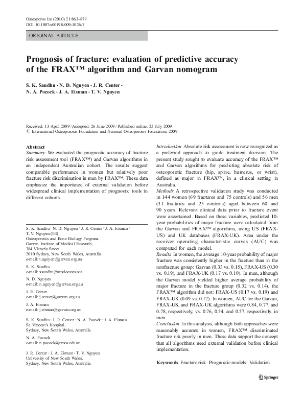 Pdf Prognosis Of Fracture Evaluation Of Predictive Accuracy Of The Frax™ Algorithm And Garvan