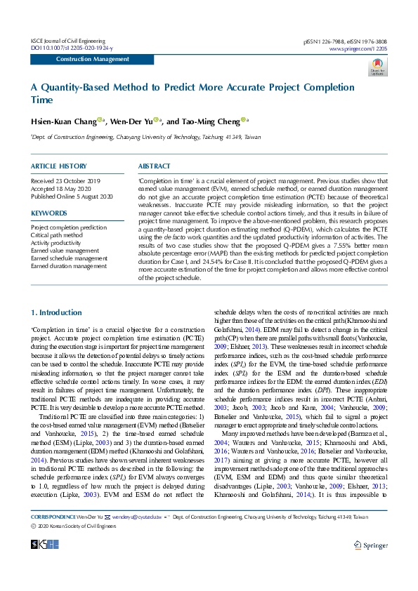 (PDF) A Quantity-Based Method to Predict More Accurate Project Completion Time