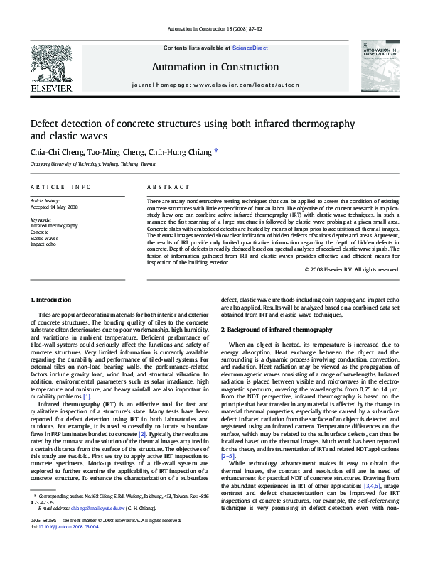 (PDF) Defect detection of concrete structures using both infrared thermography and elastic waves