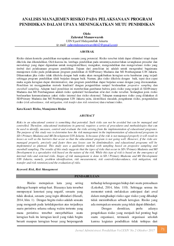 (PDF) Analisis Manajemen Risiko Pada Pelaksanaan Program Pendidikan ... (PDF) Analisis Manajemen Risiko Pada Pelaksanaan Program Pendidikan ...