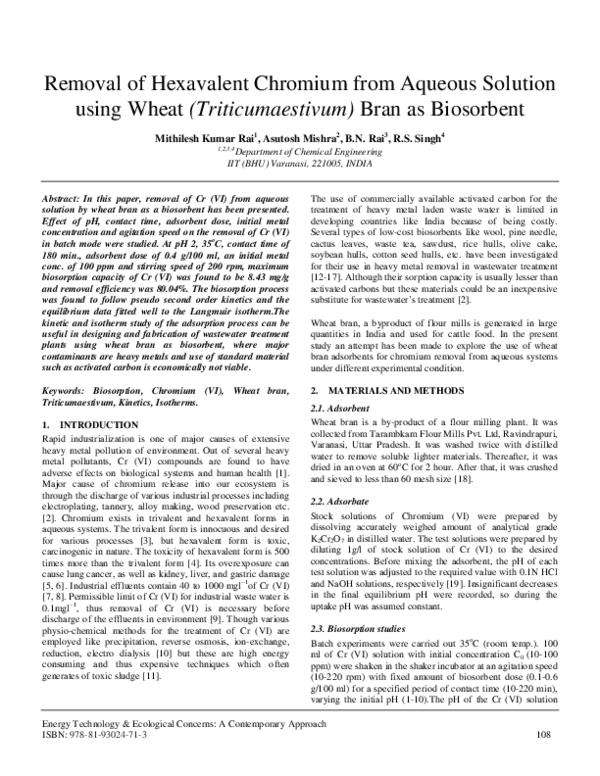 Pdf Energy Technology And Ecological Concerns A Contemporary Approach Removal Of Hexavalent