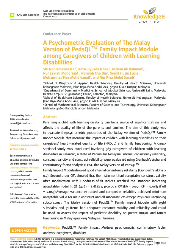 (PDF) A Psychometric Evaluation of The Malay Version of PedsQLTM Family ...