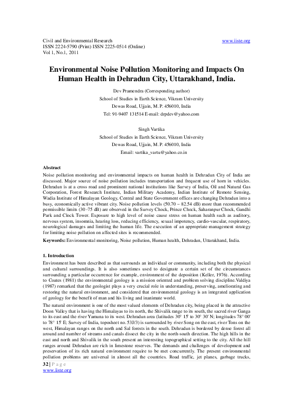 (PDF) Environmental Noise Pollution Monitoring And Impacts On Human Health In Dehradun City ...