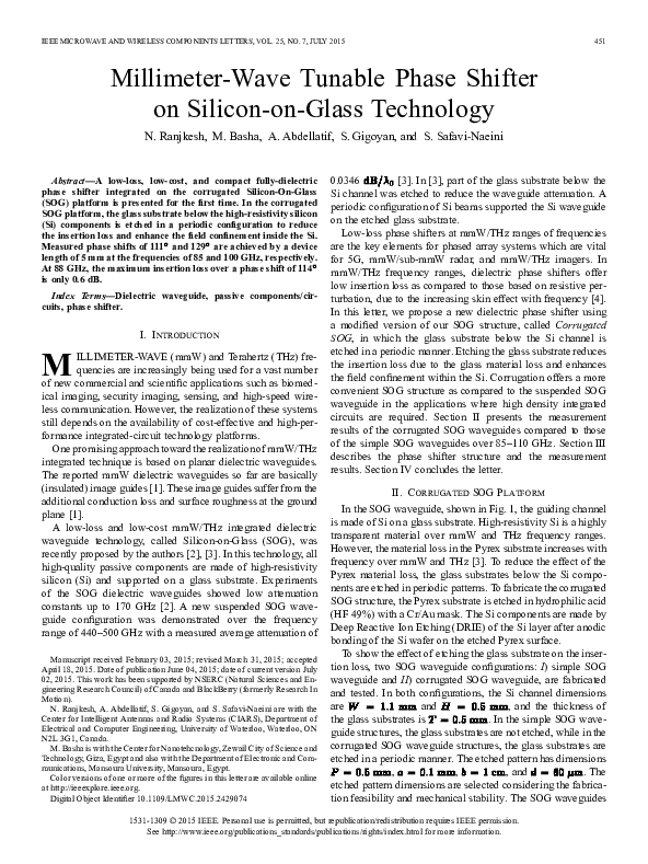 Pdf Millimeter Wave Tunable Phase Shifter On Silicon On Glass Technology
