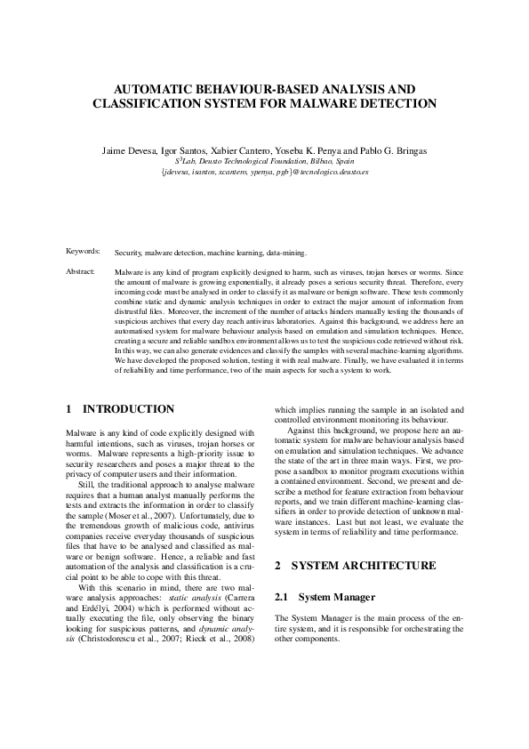 Pdf Automatic Behaviour Based Analysis And Classification System For Malware Detection