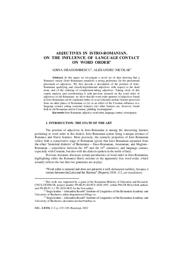 (PDF) Adjectives in Istro-Romanian. On the influence of language ...