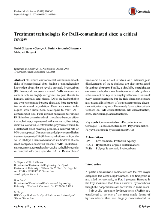 (PDF) Treatment technologies for PAH-contaminated sites: a critical review