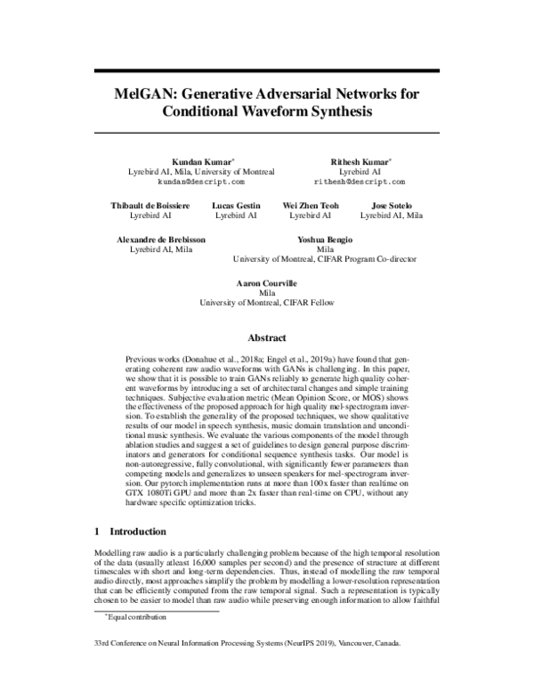 (PDF) MelGAN: Generative Adversarial Networks for Conditional Waveform Synthesis