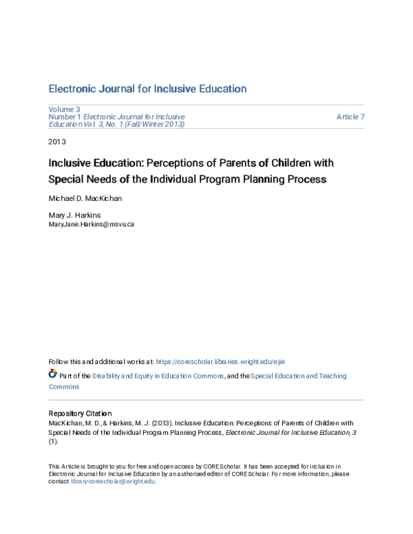 (PDF) Inclusive Education: Perceptions of Parents of Children with ...