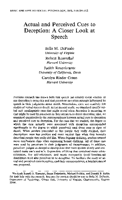(PDF) Actual and Perceived Cues to Deception: A Closer Look at Speech