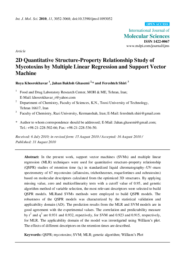 (PDF) 2D Quantitative Structure-Property Relationship Study of Mycotoxins by Multiple Linear ...