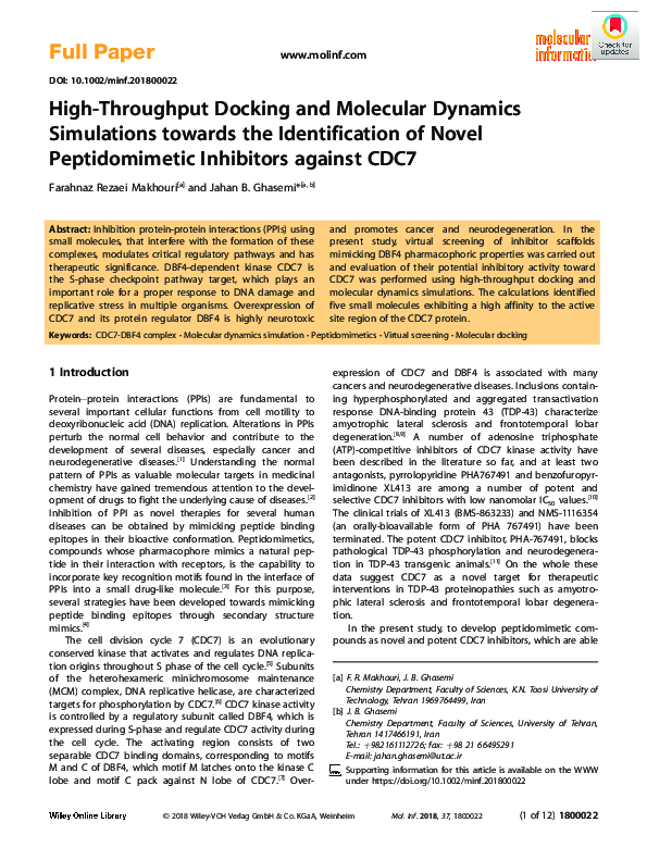 Pdf High Throughput Docking And Molecular Dynamics Simulations Towards The Identification Of