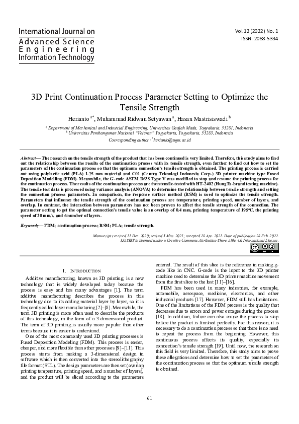 (PDF) 3D Print Continuation Process Parameter Setting to Optimize the ...