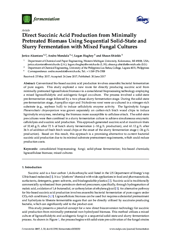 (PDF) Direct Succinic Acid Production from Minimally Pretreated Biomass ...