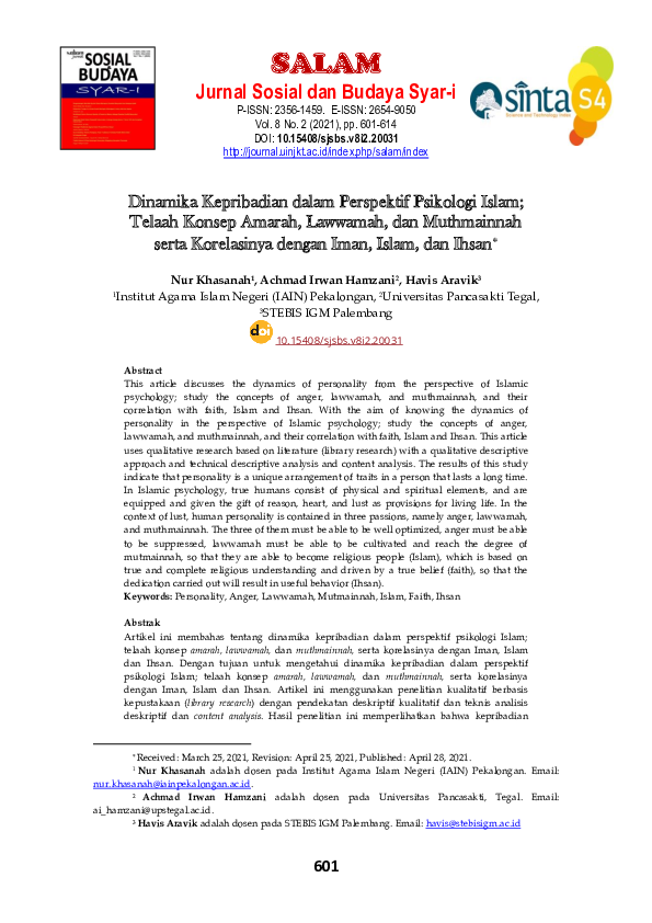 (PDF) Dinamika Kepribadian Dalam Perspektif Psikologi Islam; Telaah Konsep Amarah, Lawwamah, Dan ...